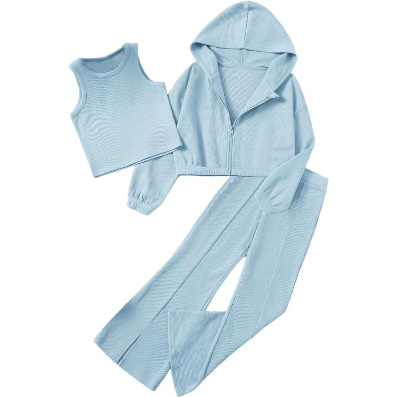 Floerns Girls Long Sleeve Hoodie Tank Split Flare Pants Set Three Piece ...